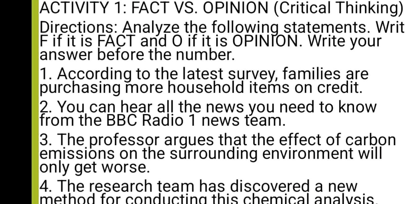 ACTIVITY 1: FACT VS. OPINION (Critical | StudyX