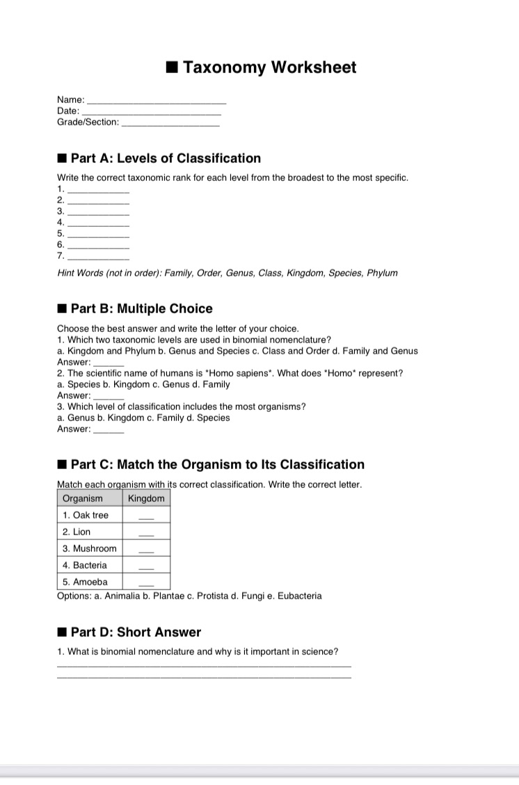 Part A: Levels of Classification Write the | StudyX