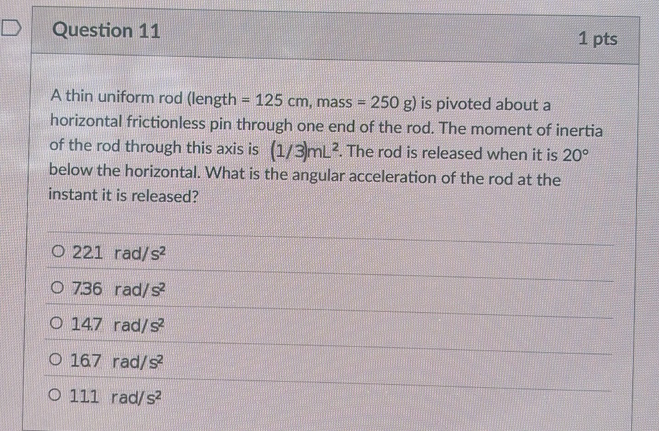 A thin uniform rod (length = 125 cm, mass = | StudyX