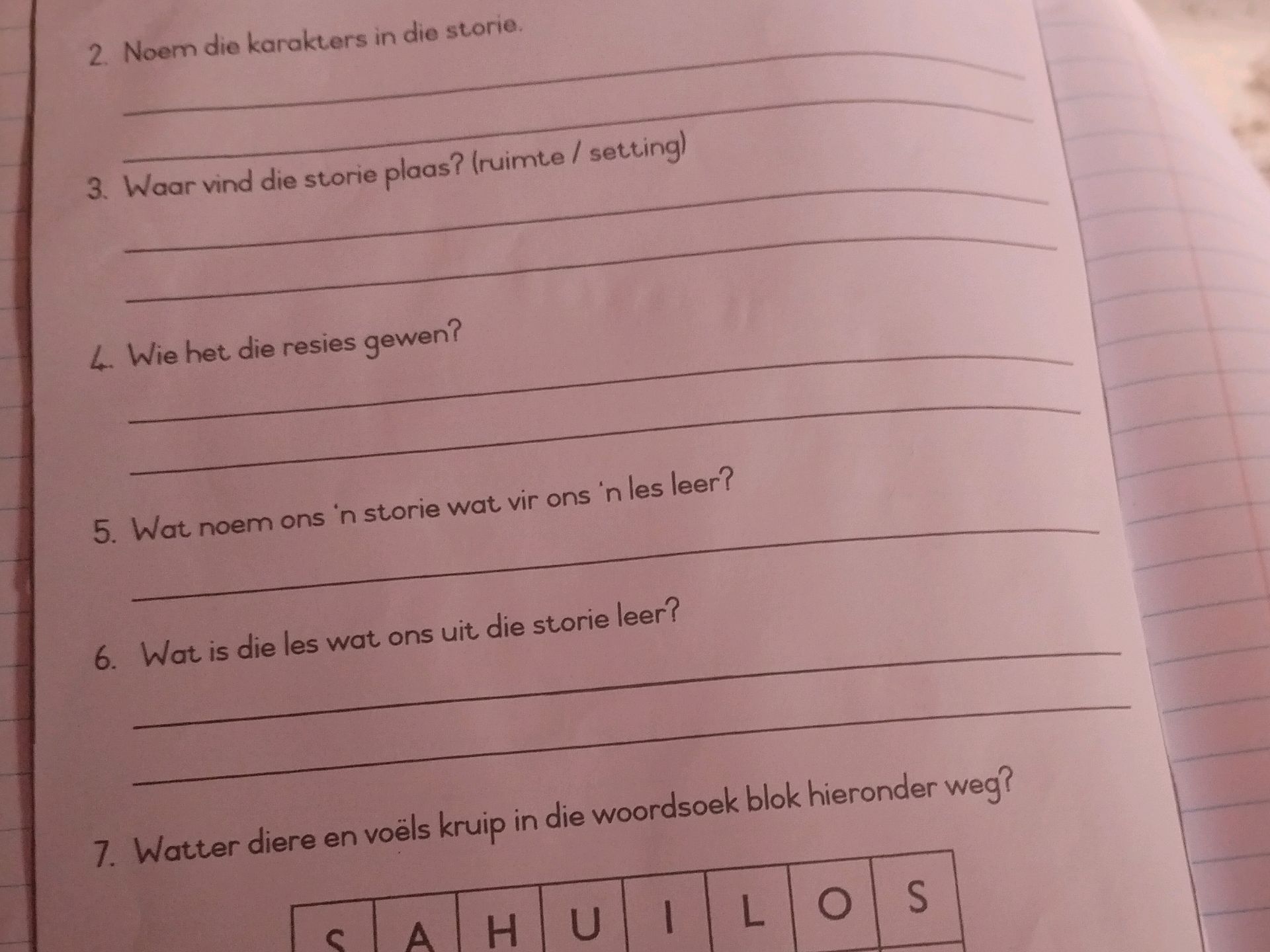 2. Noem die karakters in die storie. 3. | StudyX