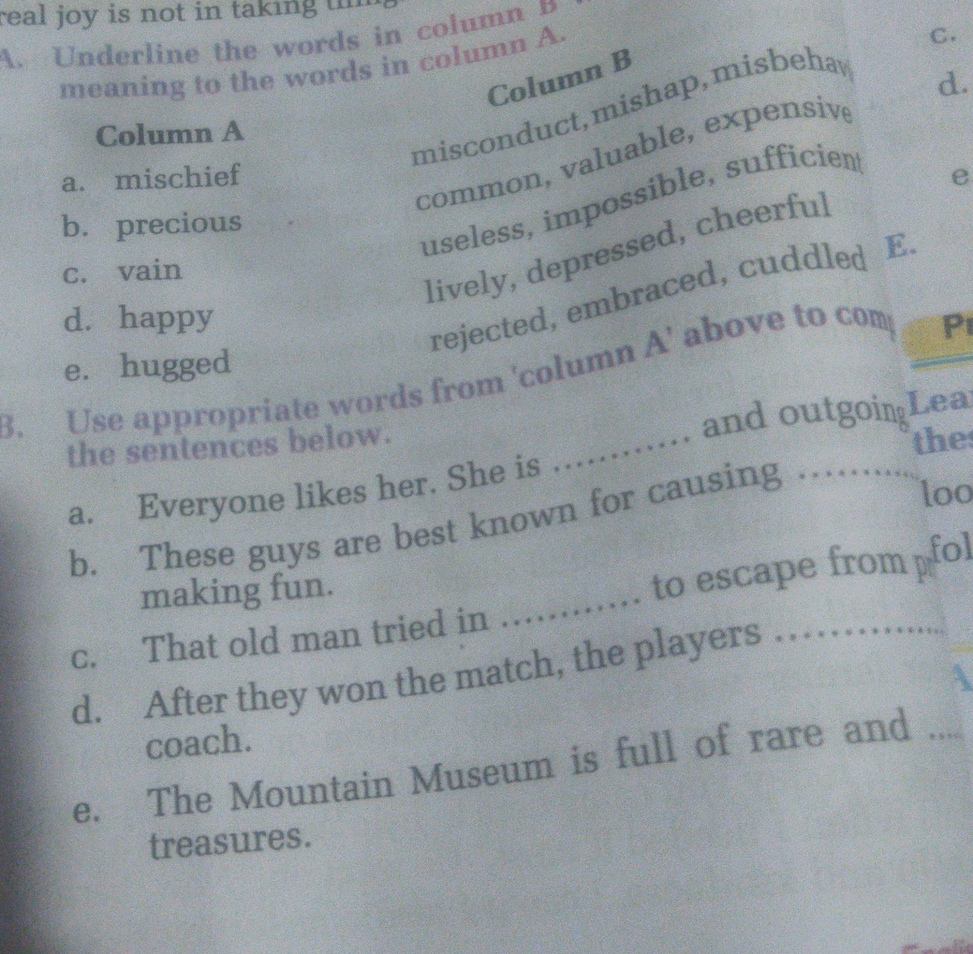 A. Underline the words in column B meaning