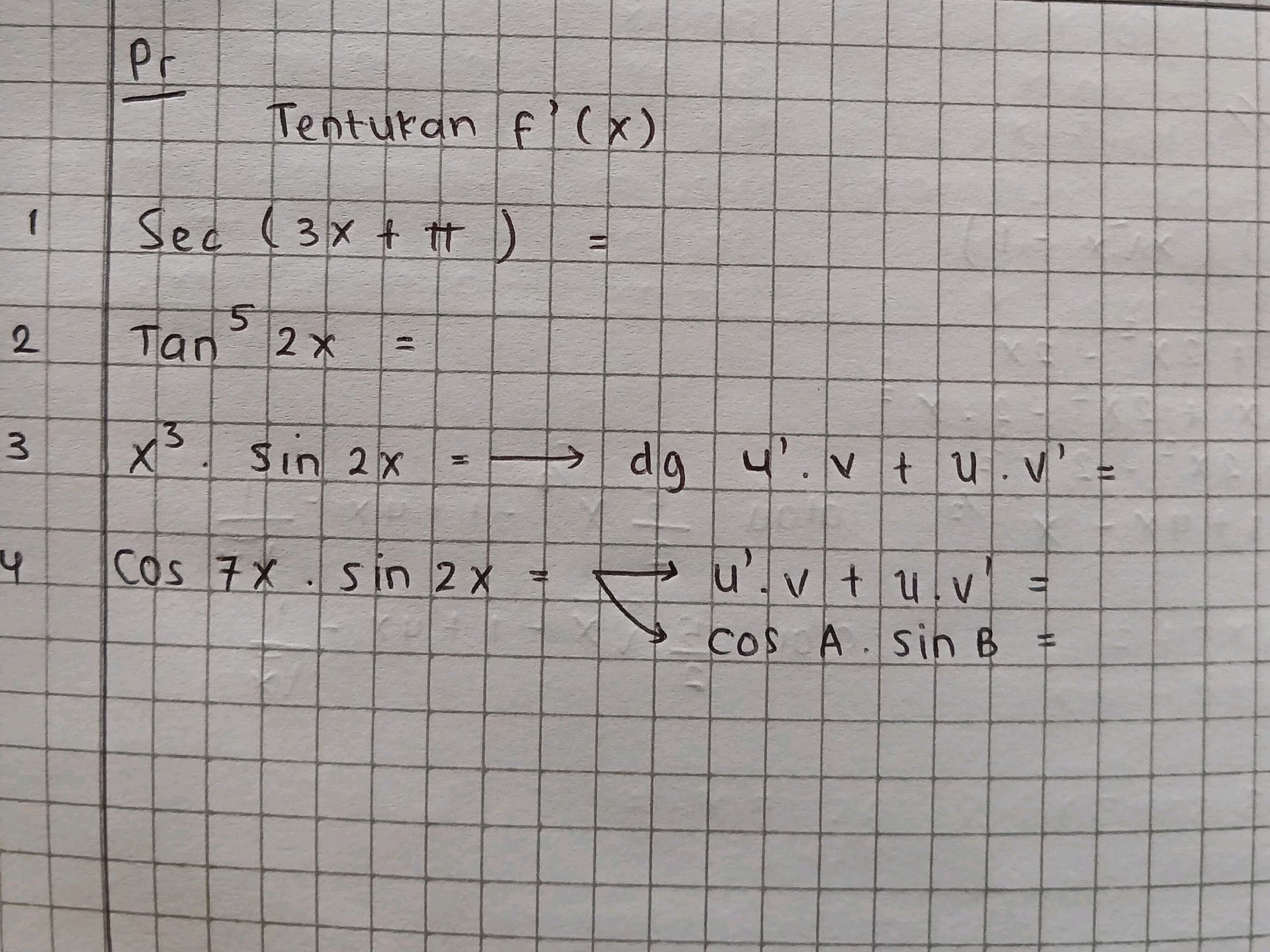 Tentukan f'(x) 1. Sec (3x + π) = 2. Tan⁵ | StudyX