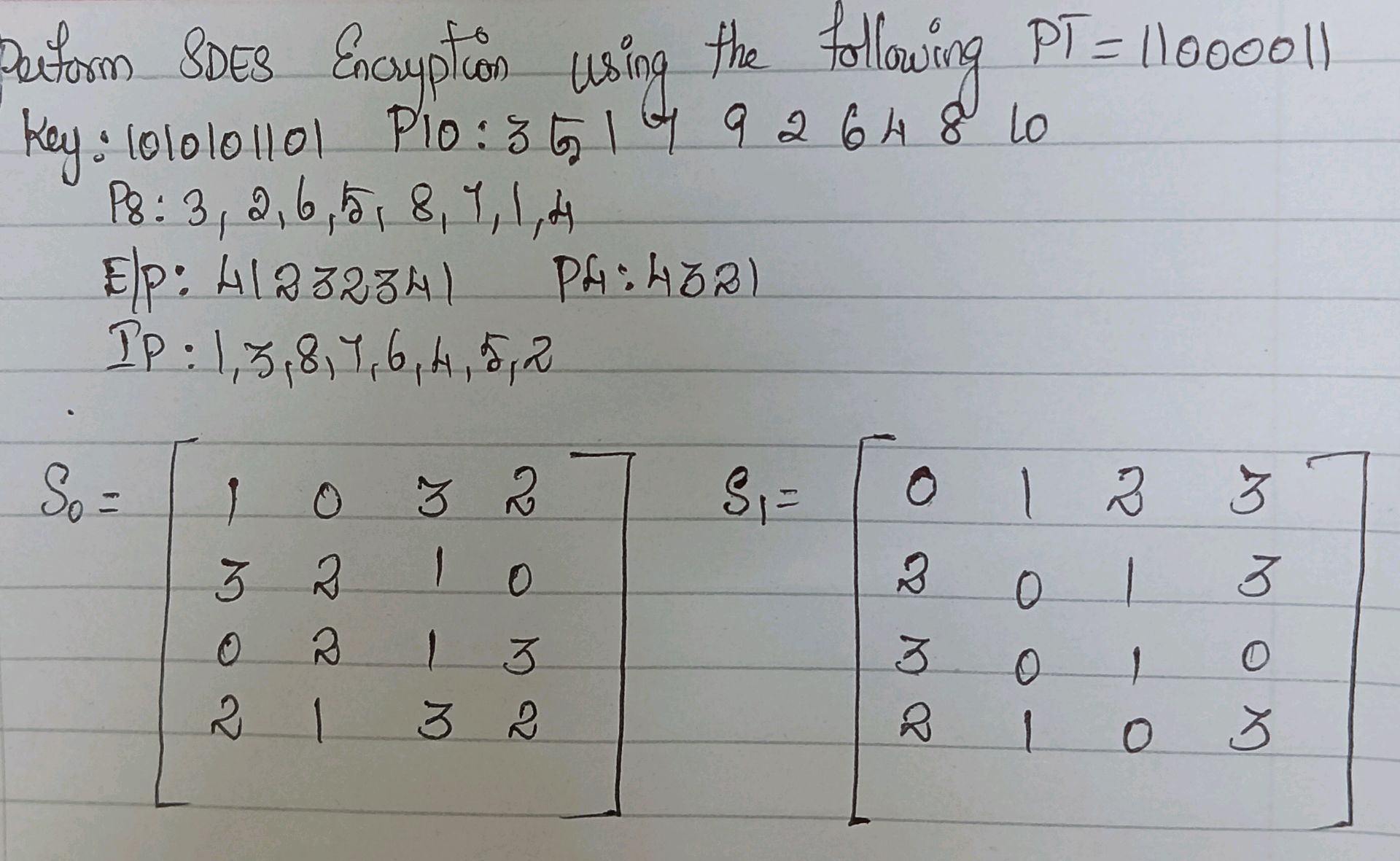 Perform SDES Encryption using the following