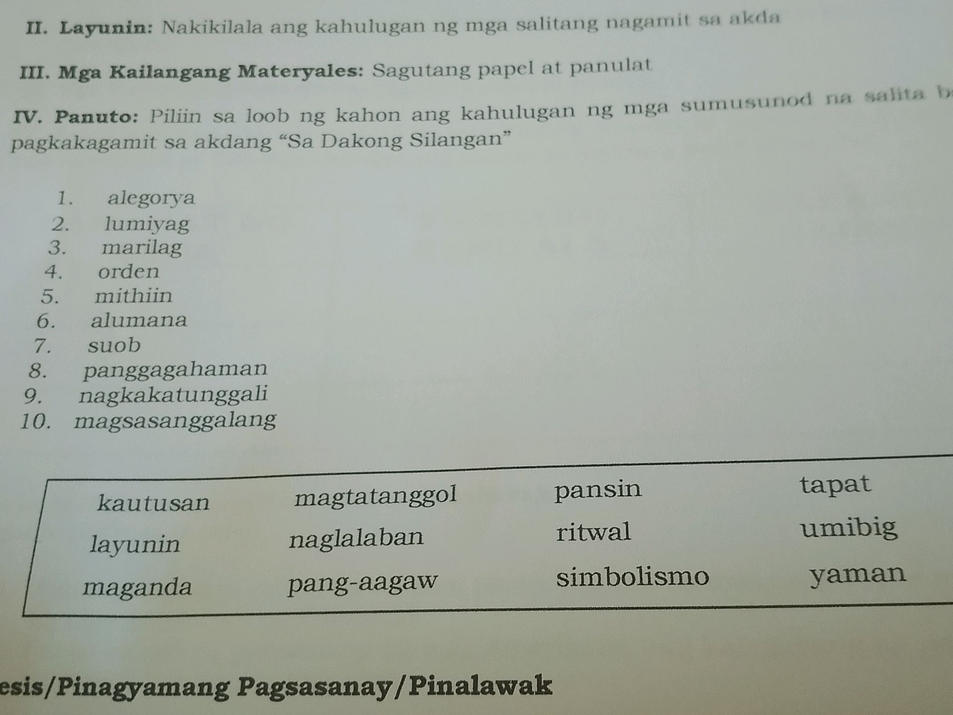 II. Layunin: Nakikilala ang kahulugan ng mga | StudyX