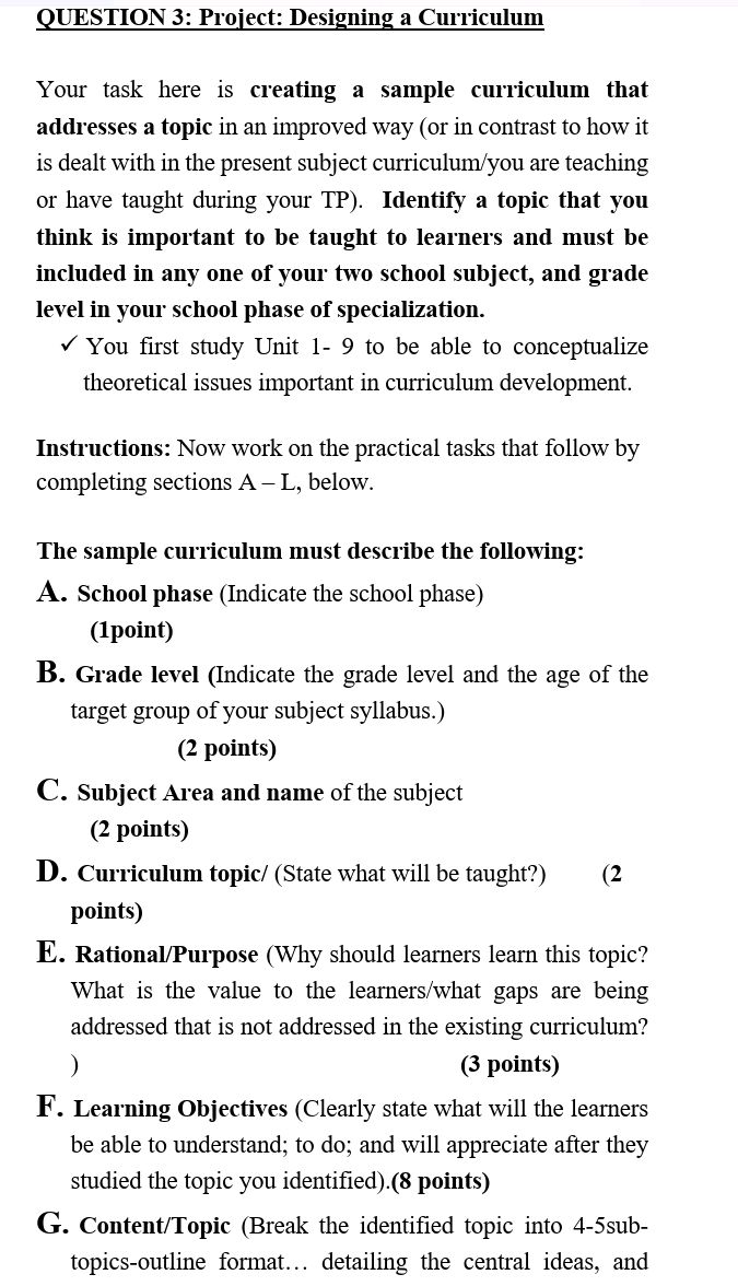 QUESTION 3: Project: Designing a Curriculum | StudyX