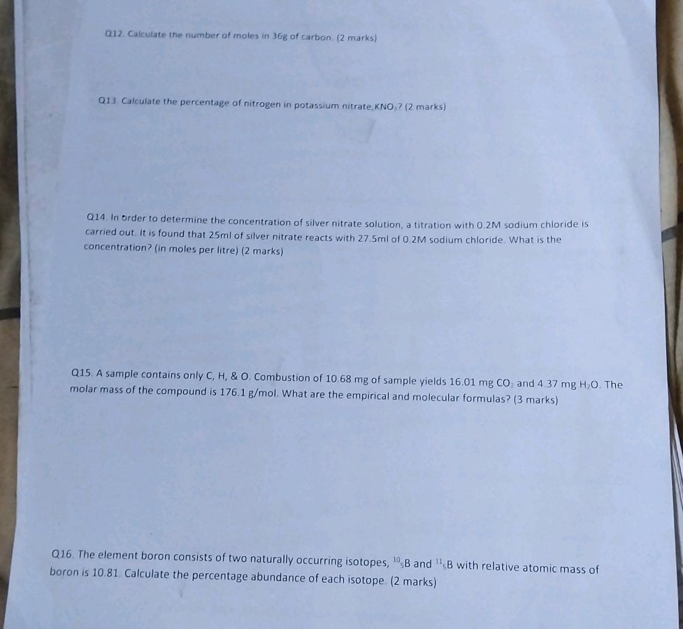 Q12. Calculate the number of moles in 36g of | StudyX