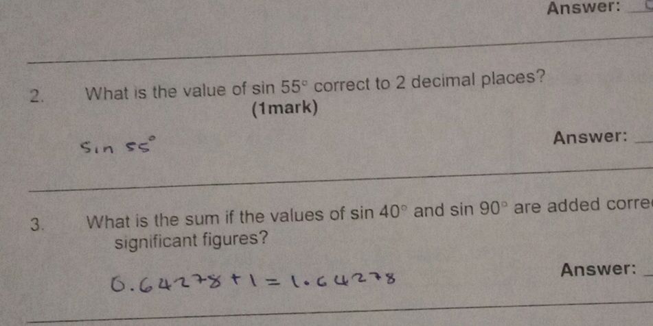 What is the value of sin 55° correct to 2