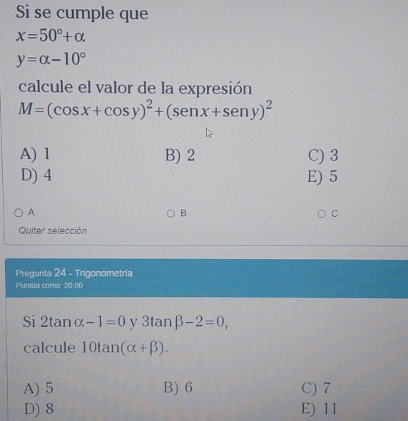 Pregunta 24 - Trigonometria Puntúa como: | StudyX