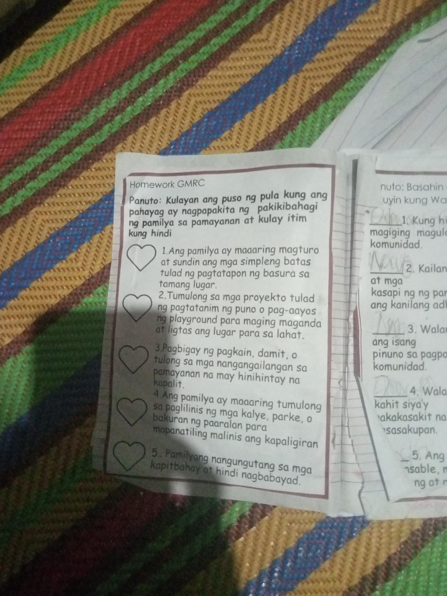 Homework GMRC Panuto: Kulayan ang puso ng | StudyX