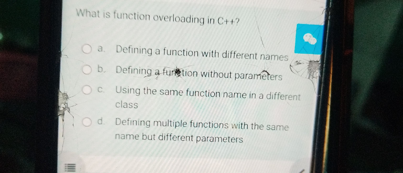 What is function overloading in C++? a. | StudyX