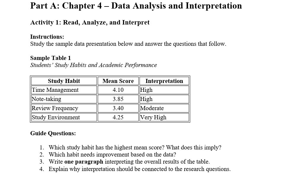 Part A: Chapter 4 – Data Analysis and | StudyX