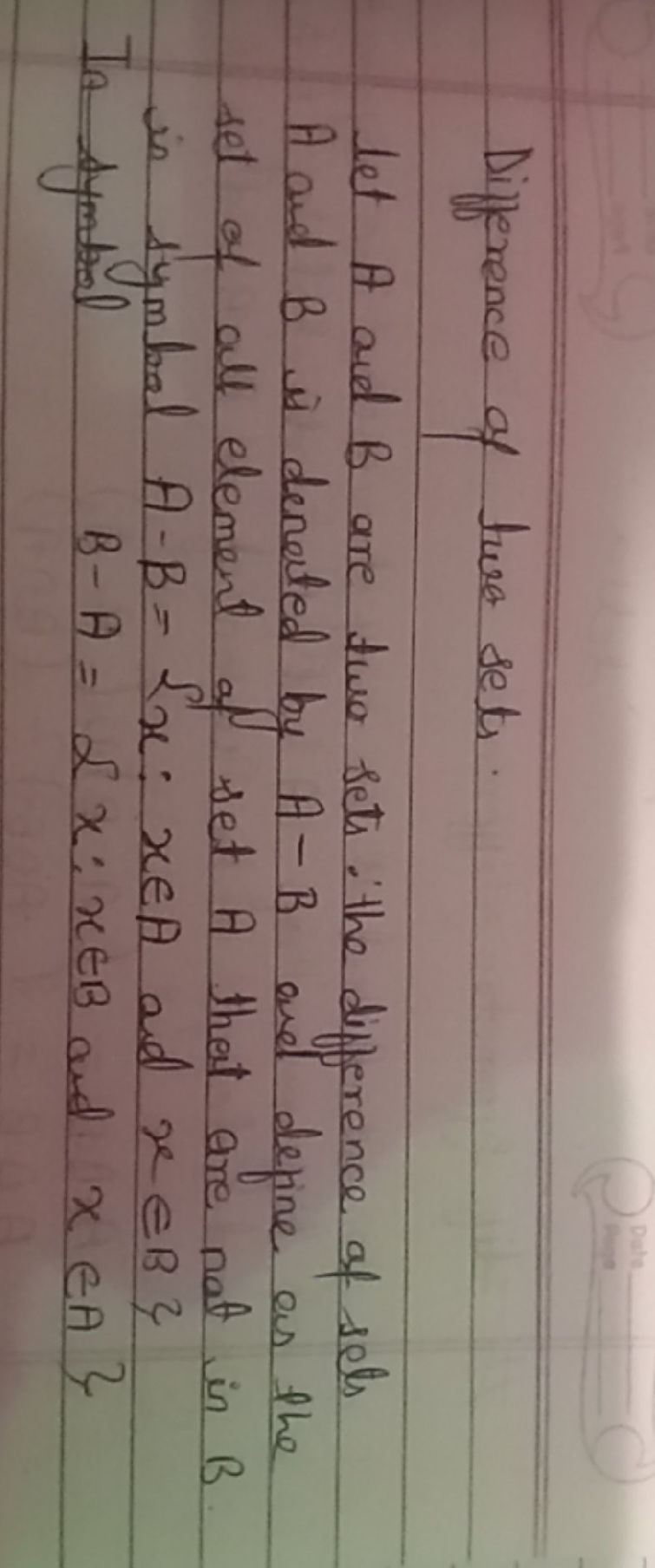 Difference of two sets. let A and B are two | StudyX