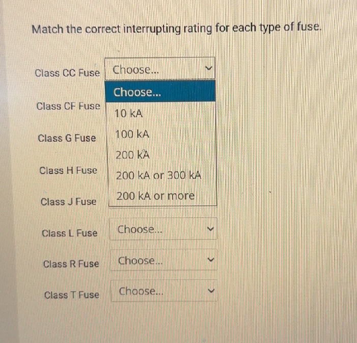 Match the correct interrupting rating for