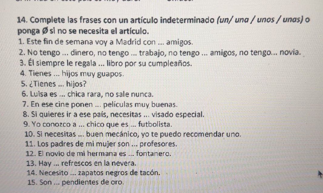 14. Complete las frases con un artículo | StudyX