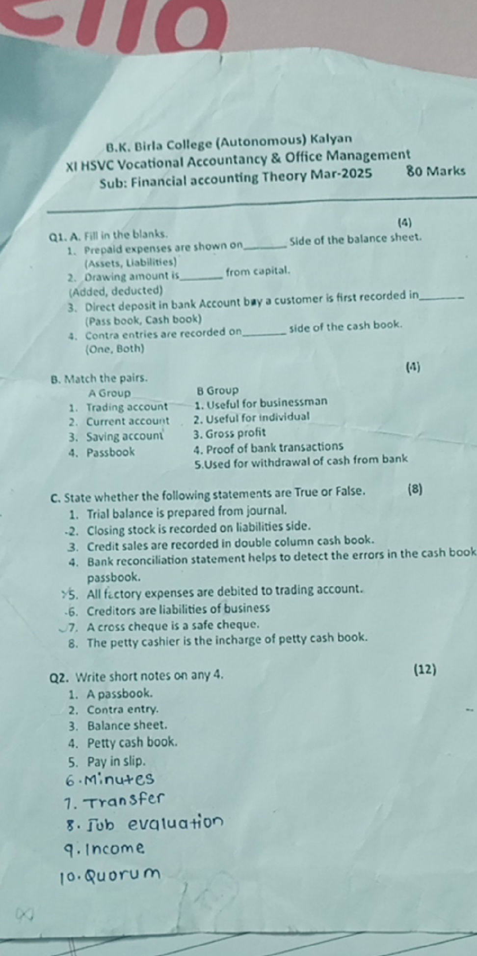 Q1. A. Fill in the blanks. 1. Prepaid | StudyX