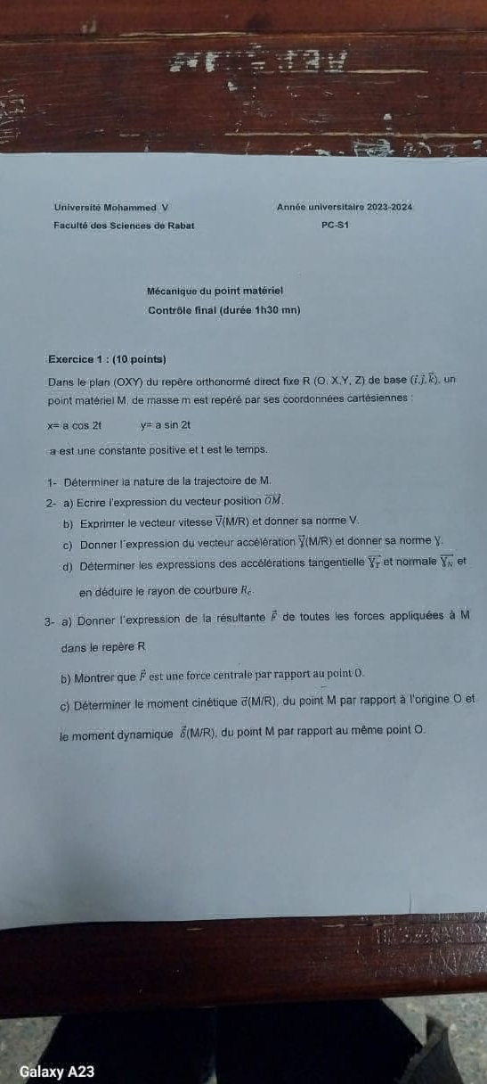 Exercice 1 : (10 points) Dans le plan (OXY) | StudyX