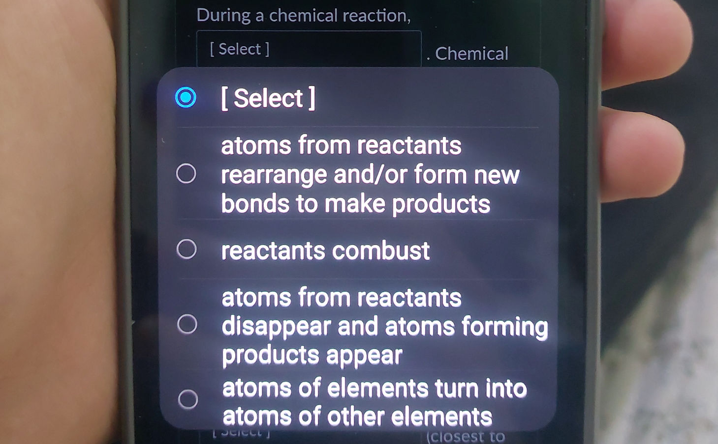 During a chemical reaction, [Select] atoms | StudyX