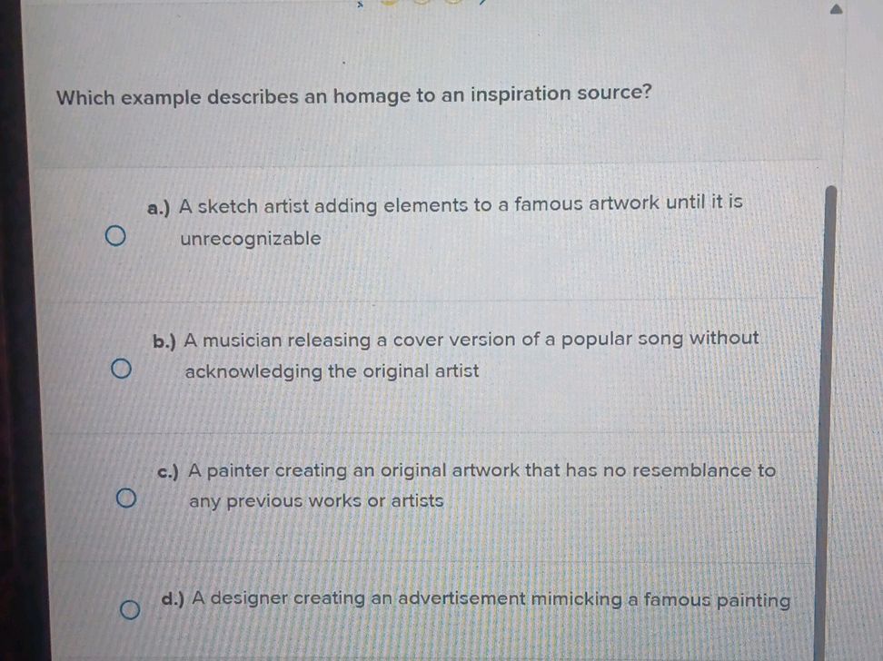 Which example describes an homage to an | StudyX