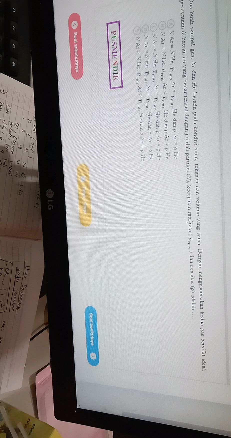 Dua buah sampel gas, Ar dan He berada pada | StudyX