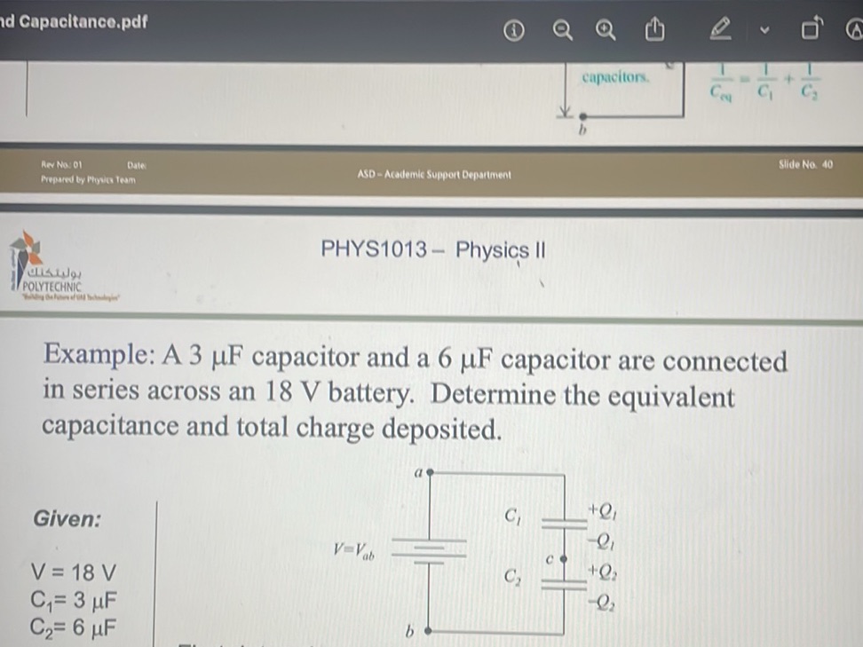 Example: A 3 µF capacitor and a 6 µF | StudyX