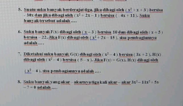 5. Suatu suku banyak berderajat tiga, jika | StudyX