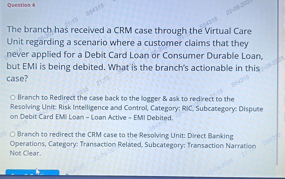 The branch has received a CRM case through | StudyX