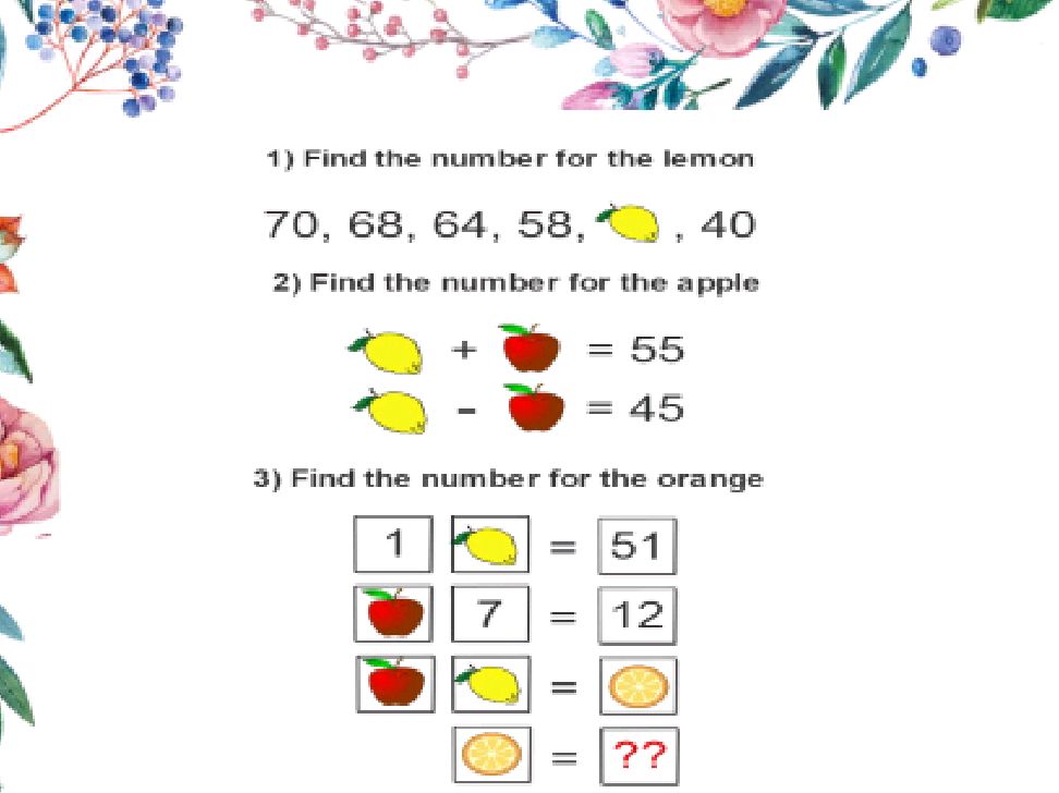 1) Find the number for the lemon 70, 68, 64,