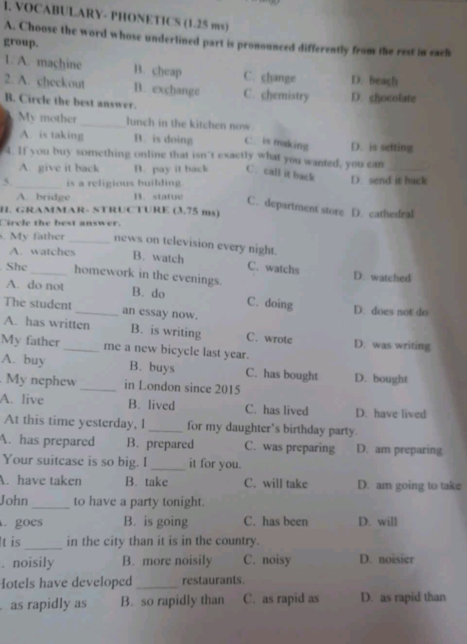 I. VOCABULARY-PHONETICS (1.25 ms) A. Choose | StudyX