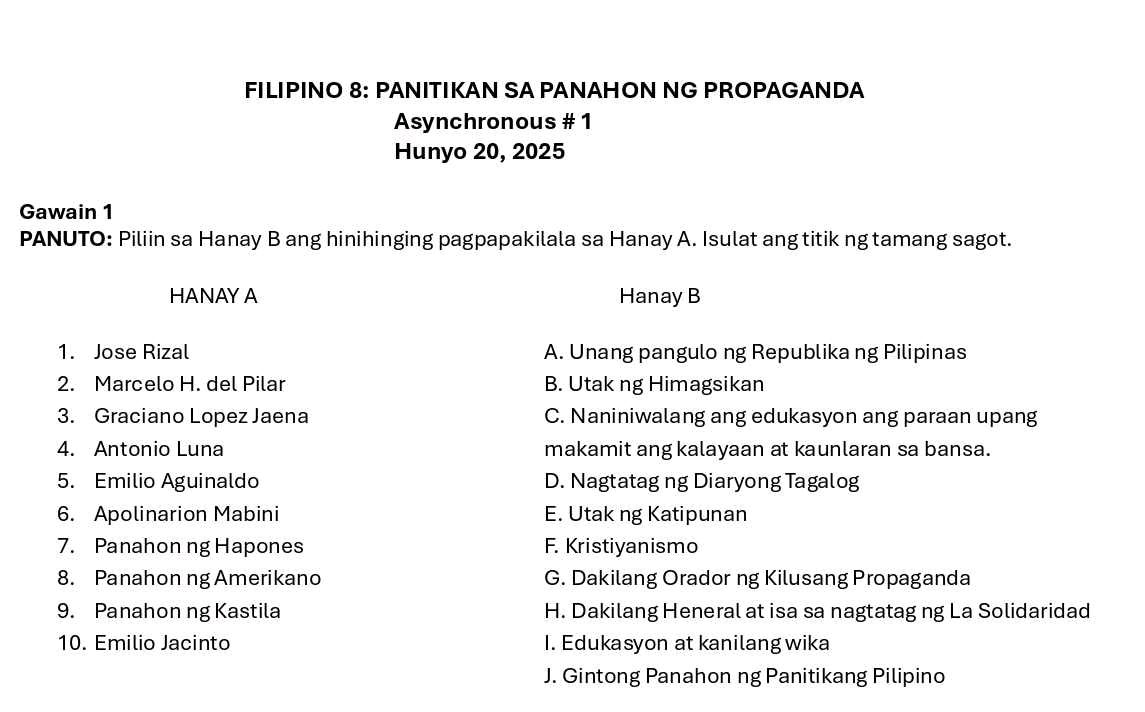 PANUTO: Piliin sa Hanay B ang hinihinging | StudyX