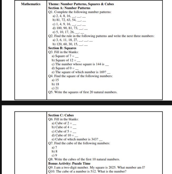 Mathematics Theme: Number Patterns, Squares | StudyX