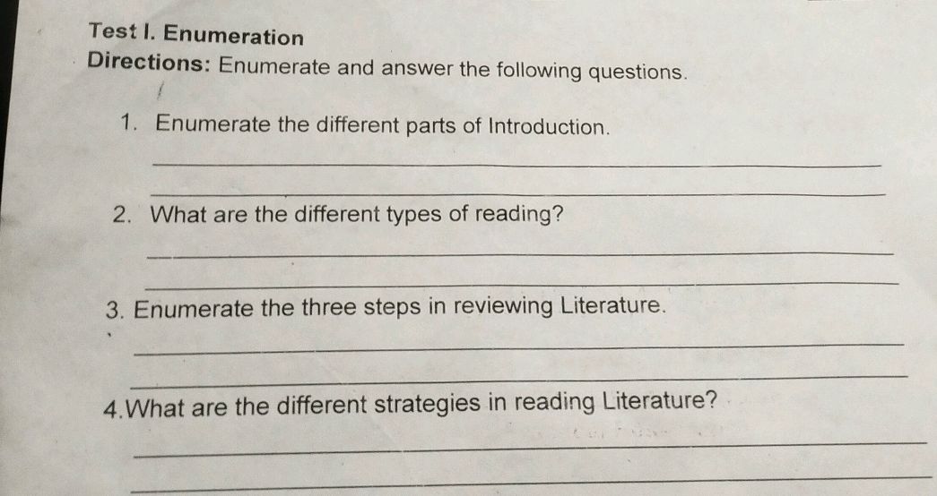 Test I. Enumeration Directions: Enumerate | StudyX