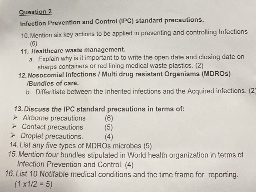 Question 2 Infection Prevention and Control | StudyX
