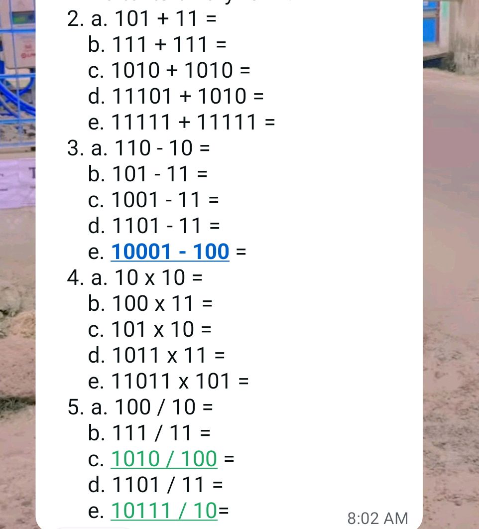2. a. 101 + 11 = b. 111 + 111 = c. 1010 + | StudyX