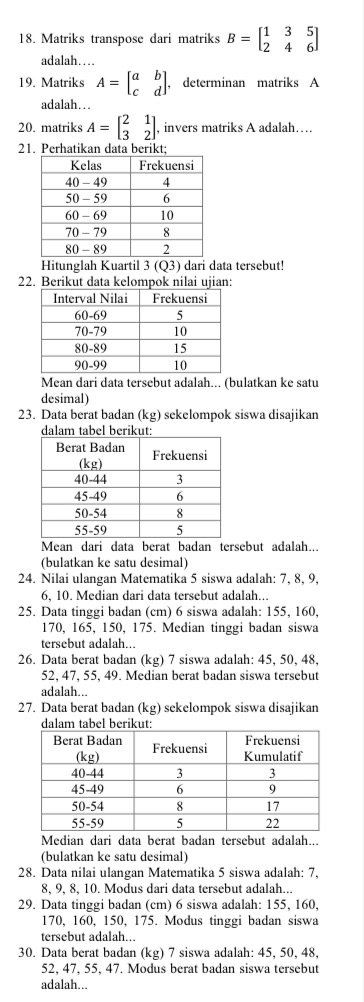 18. Matriks transpose dari matriks $B = 1 | StudyX