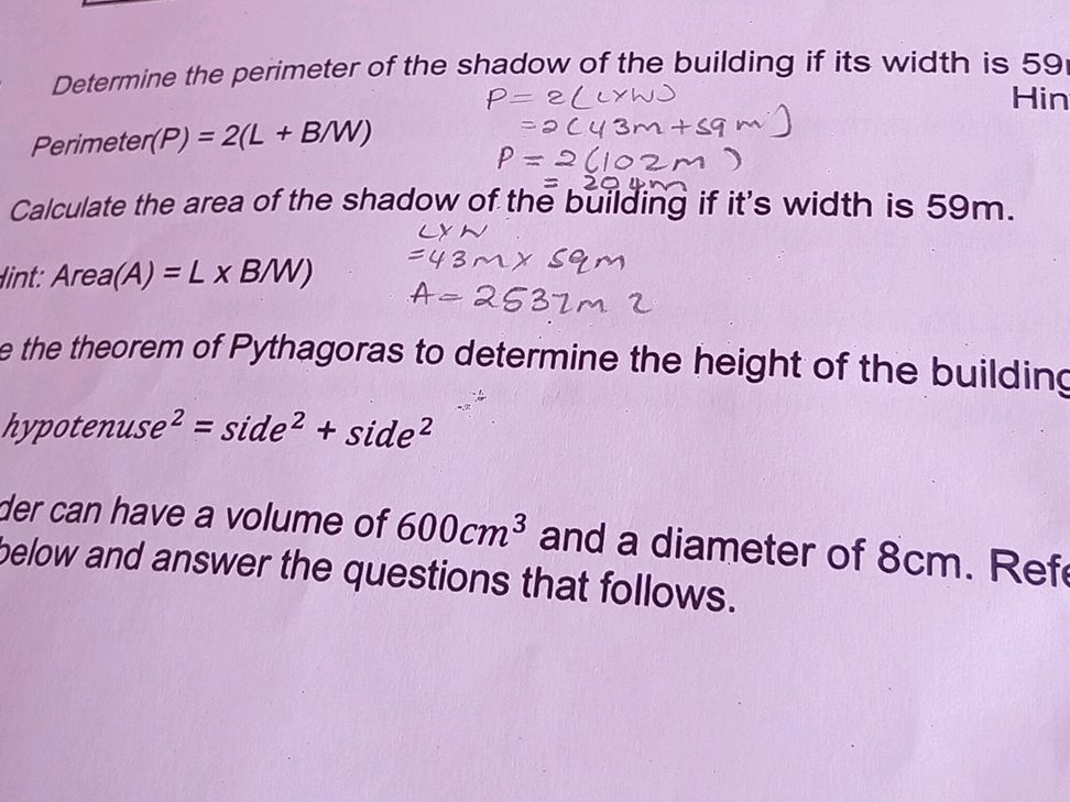 Determine the perimeter of the shadow of the | StudyX