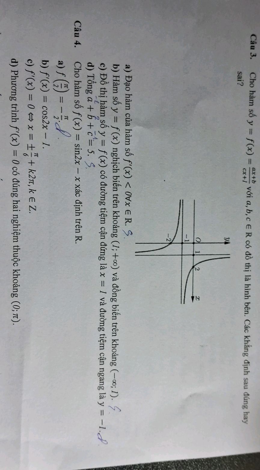 Câu 3. Cho hàm số y = f(x) = {ax+b}{cx+1} | StudyX