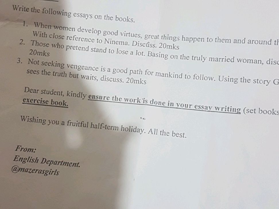 Write the following essays on the books. 1. | StudyX