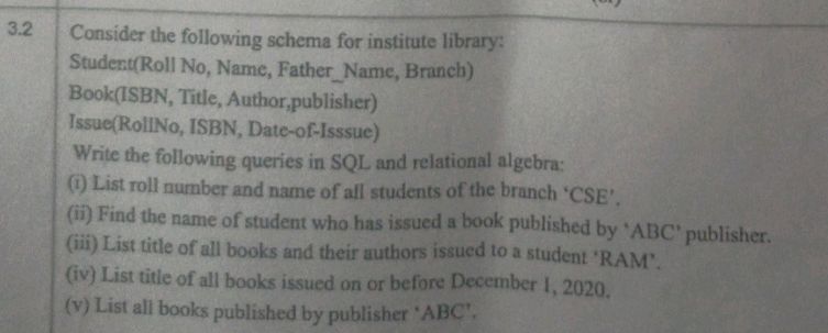 Consider the following schema for institute | StudyX