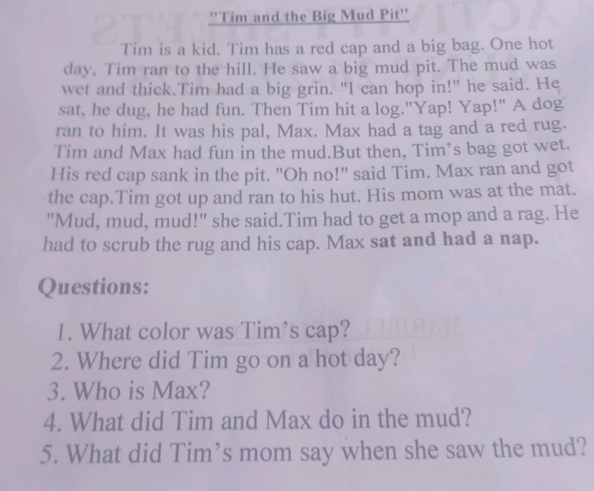1. What color was Tim's cap? 2. Where did | StudyX