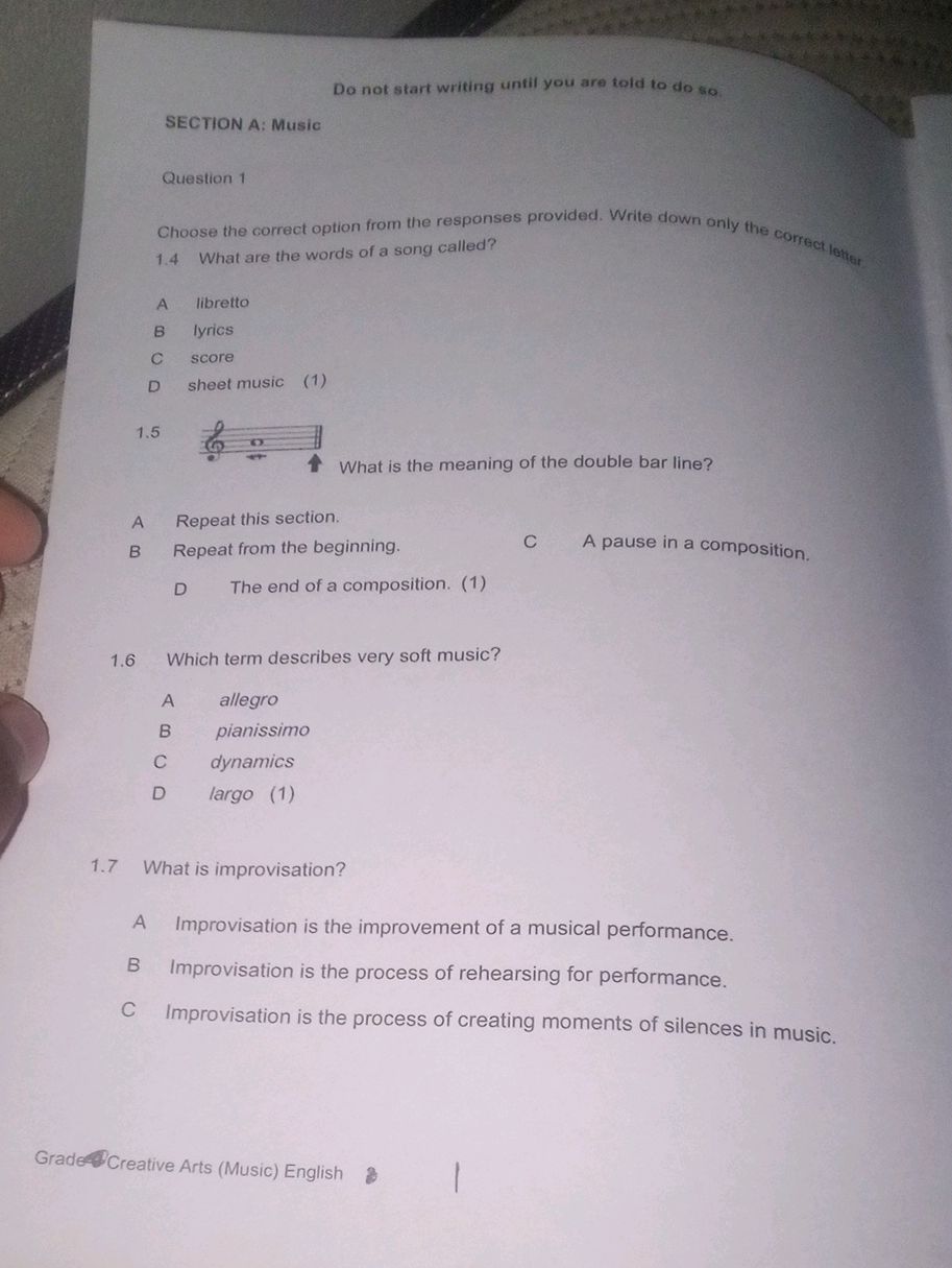 1.4 What are the words of a song called? A | StudyX