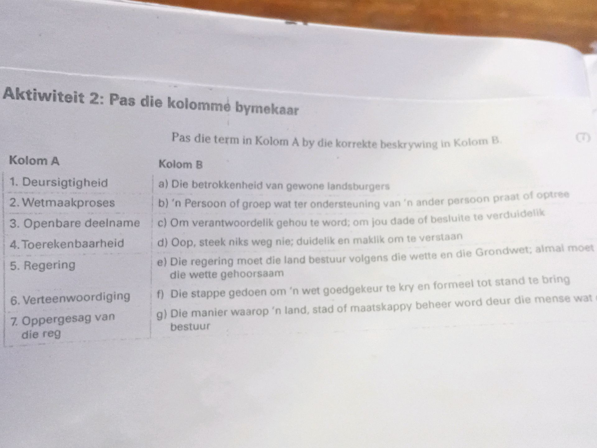 Aktiwiteit 2: Pas die kolomme bymekaar Pas | StudyX