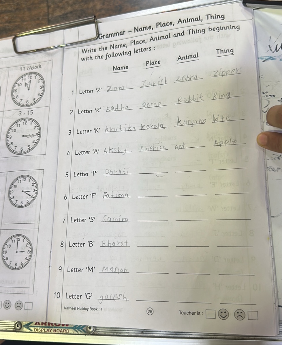 Write the Name, Place, Animal and Thing | StudyX