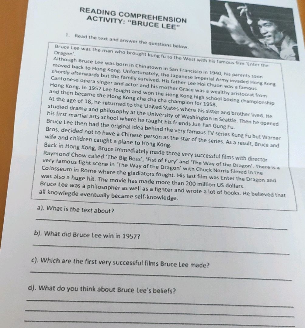 READING COMPREHENSION ACTIVITY: "BRUCE LEE" | StudyX
