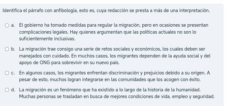 Identifica el párrafo con anfibología, esto | StudyX