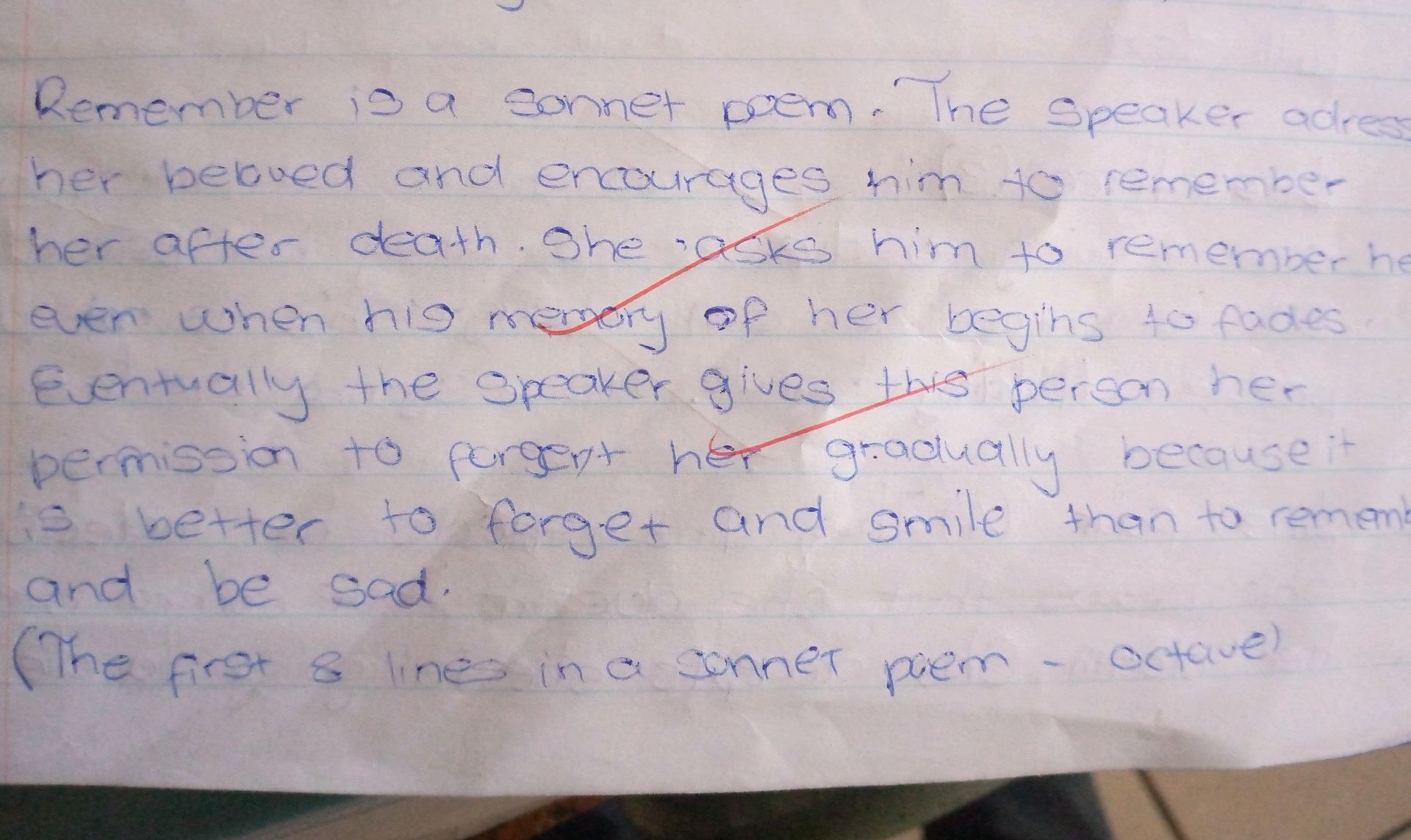 Remember is a sonnet poem. The speaker | StudyX