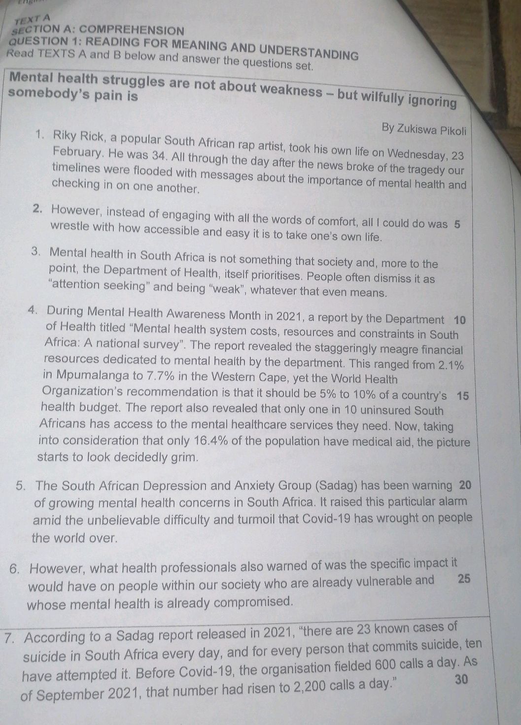 TEXT A SECTION A: COMPREHENSION QUESTION 1: | StudyX