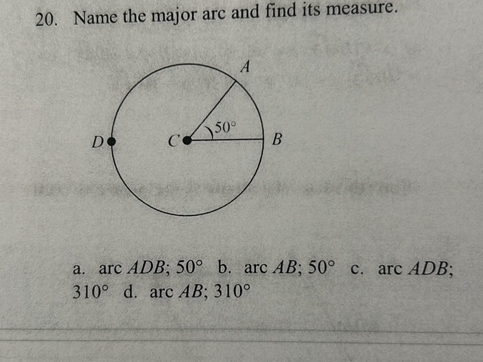 20. Name the major arc and find its measure. | StudyX