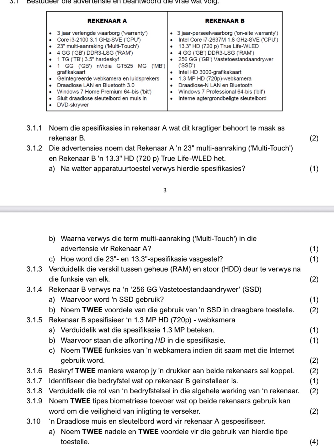 3.1.1 Noem die spesifikasies in rekenaar A | StudyX