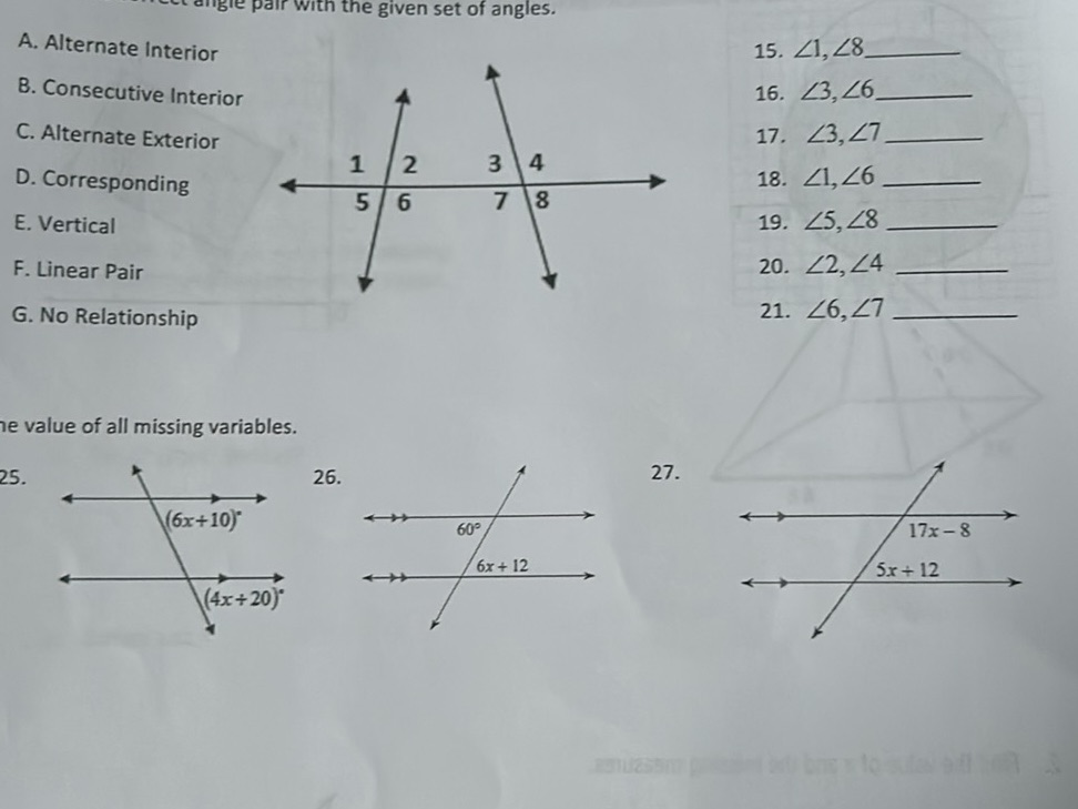 Match the correct angle pair with the given | StudyX