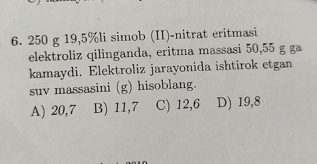 6. 250 g 19,5%li simob (II)-nitrat eritmasi | StudyX